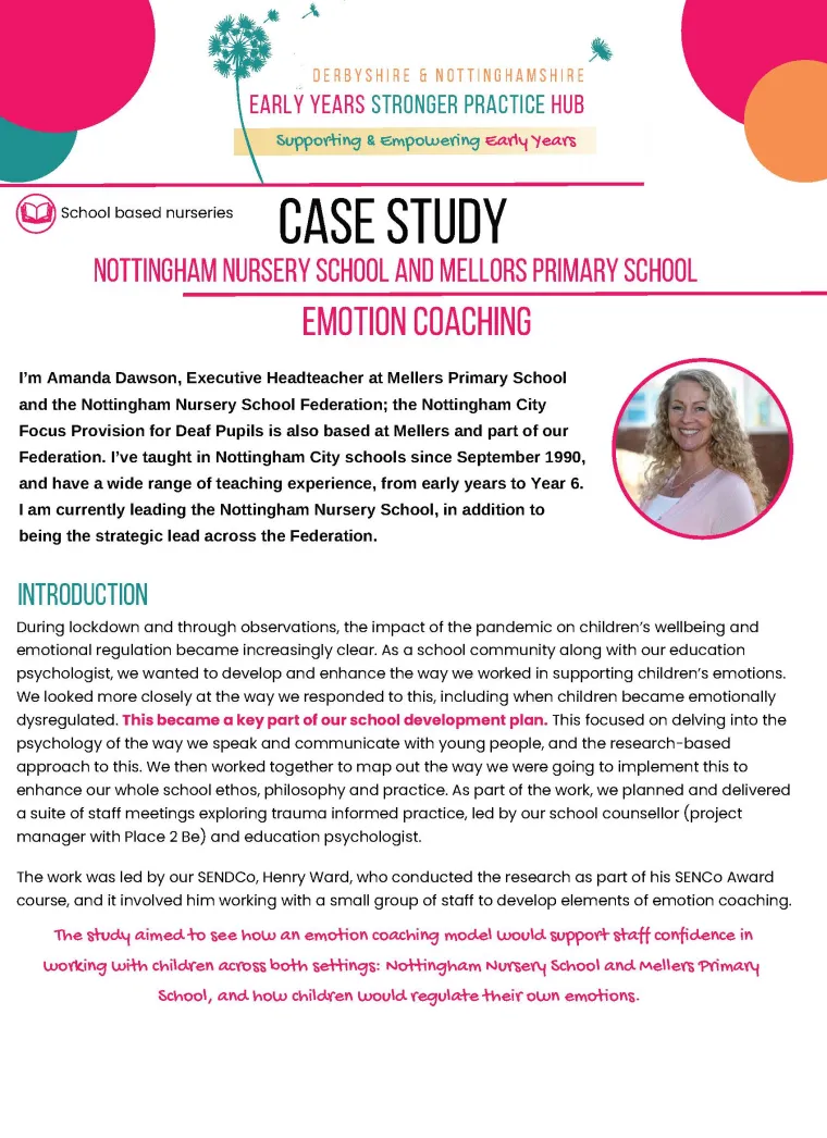 Case Study for School Based Nurseries: Emotion Coaching | Stronger ...